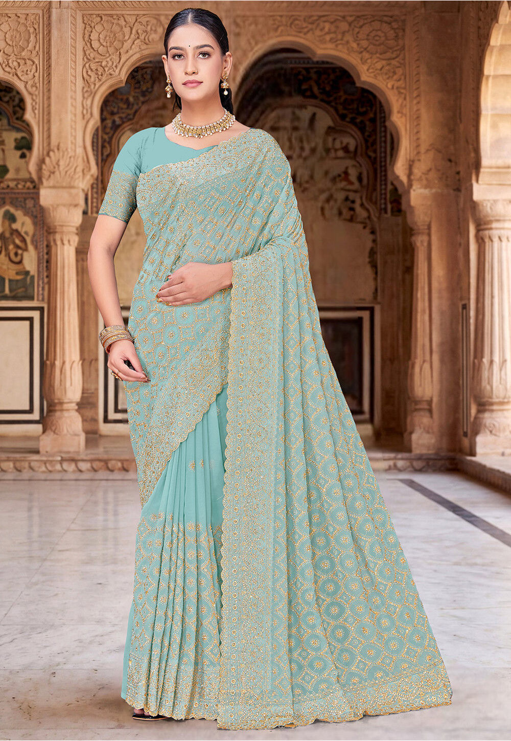 Buy Embroidered Georgette Scalloped Saree in Sky Blue Online : SCBA6470 ...