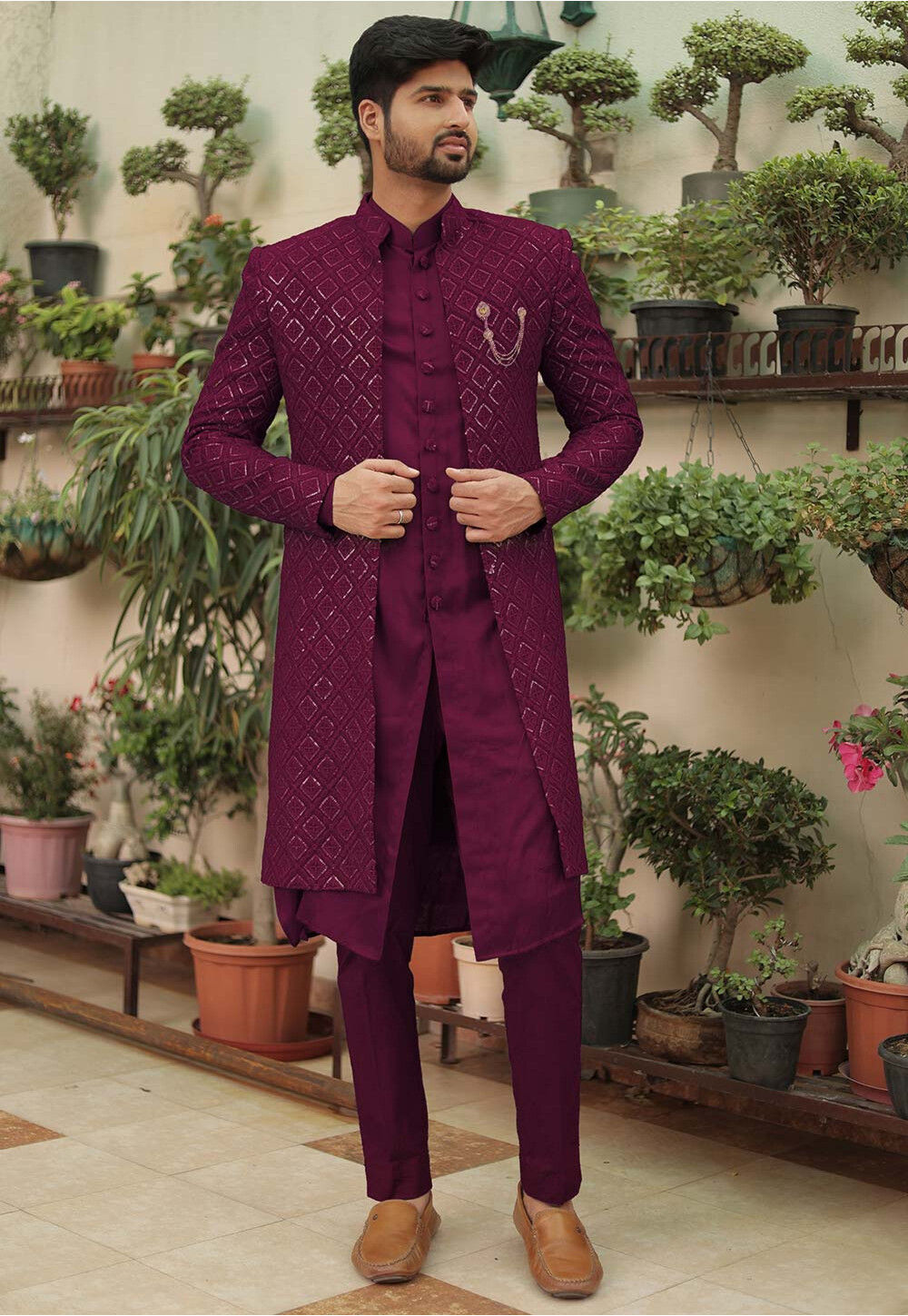 Buy Embroidered Georgette Sherwani in Wine Online : MTE1650 - Utsav Fashion