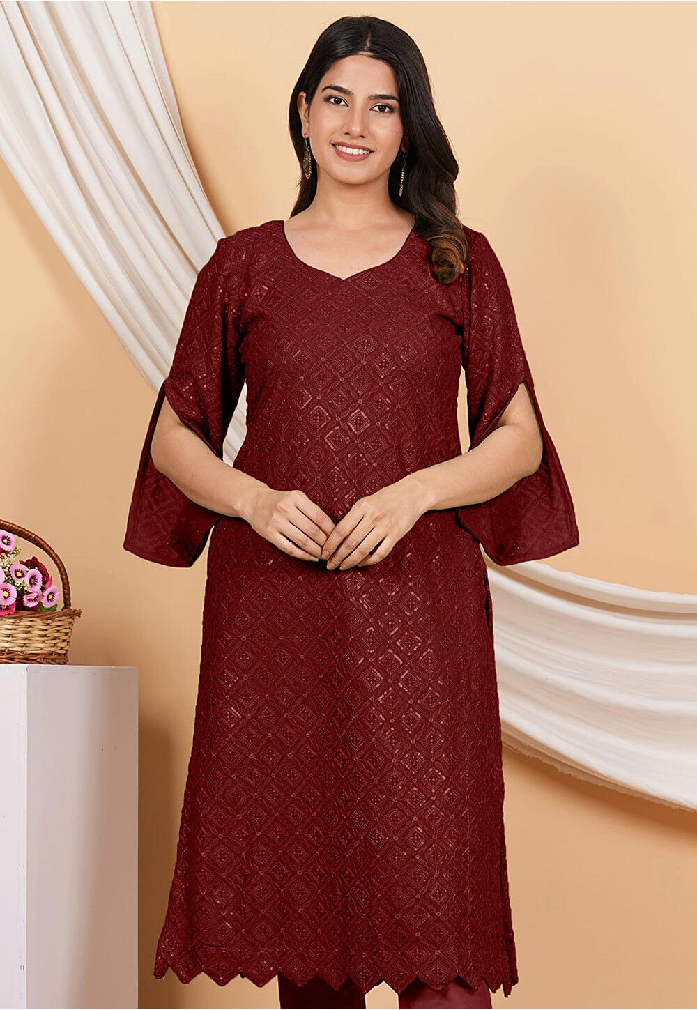 Buy Embroidered Georgette Straight kurta in Maroon Online : TJW2316 ...
