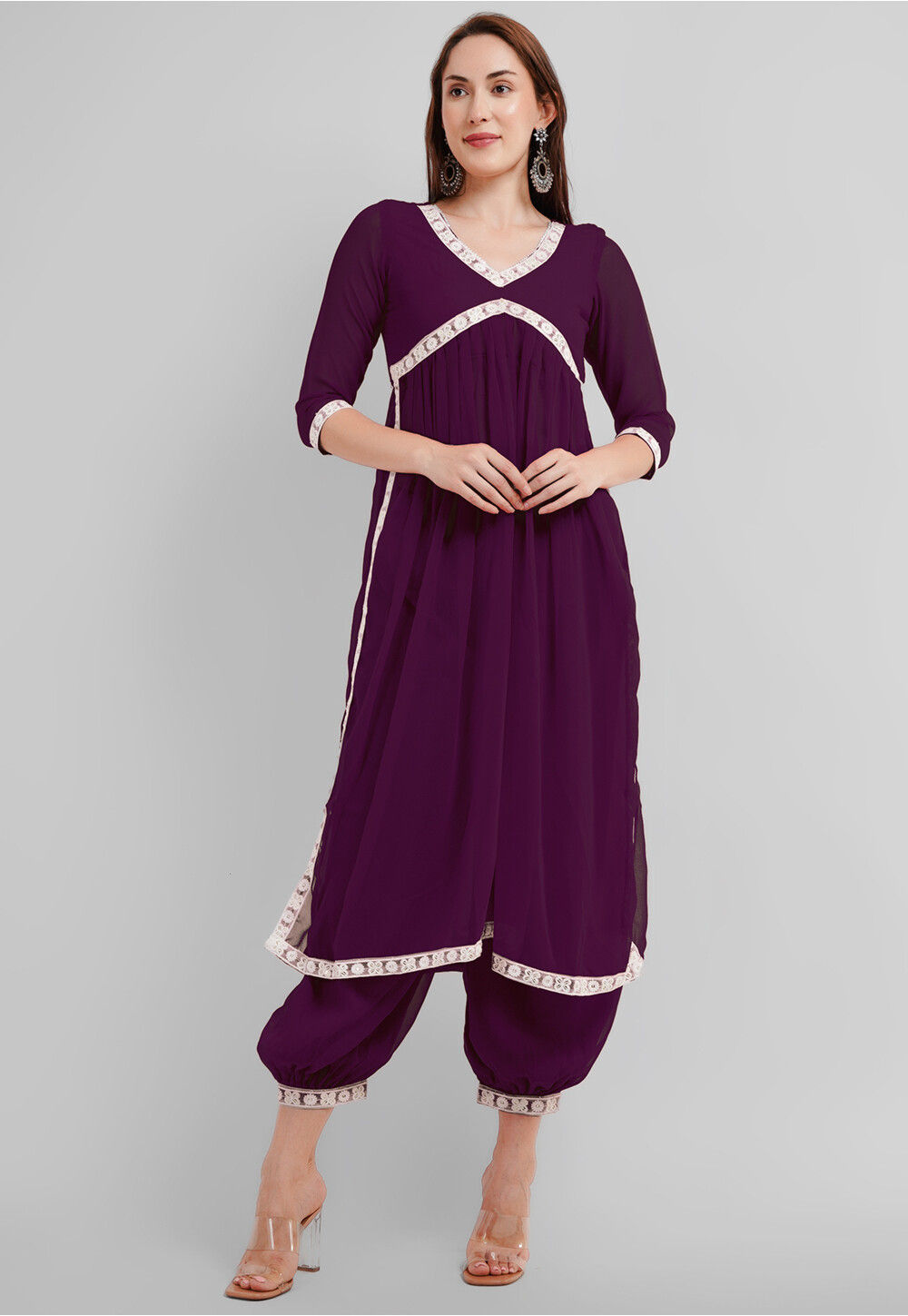 Buy Embroidered Georgette Straight Kurta Set in Violet Online : TWR259 ...