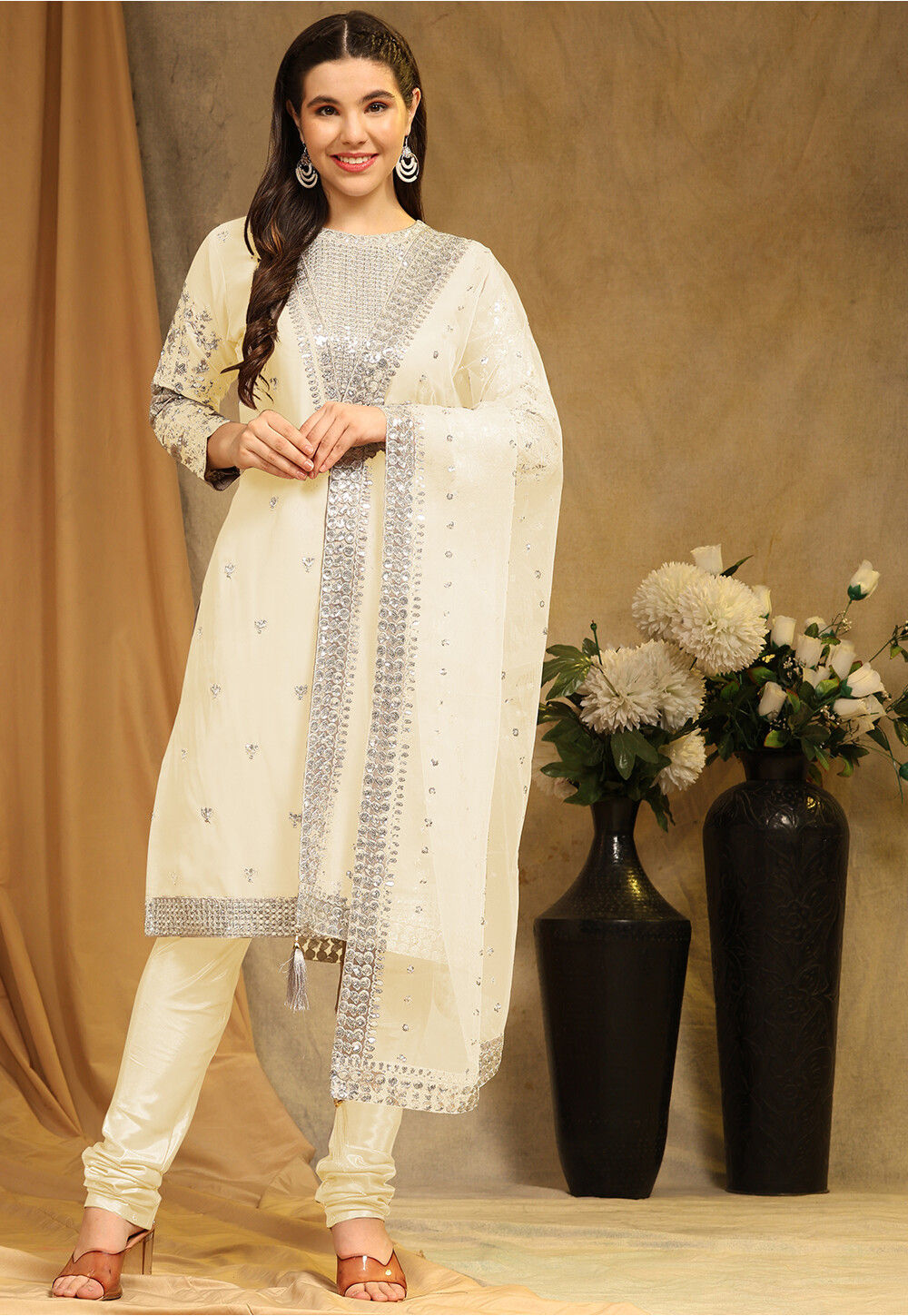 Buy Embroidered Georgette Straight Suit in Cream Online : KRY1662 ...