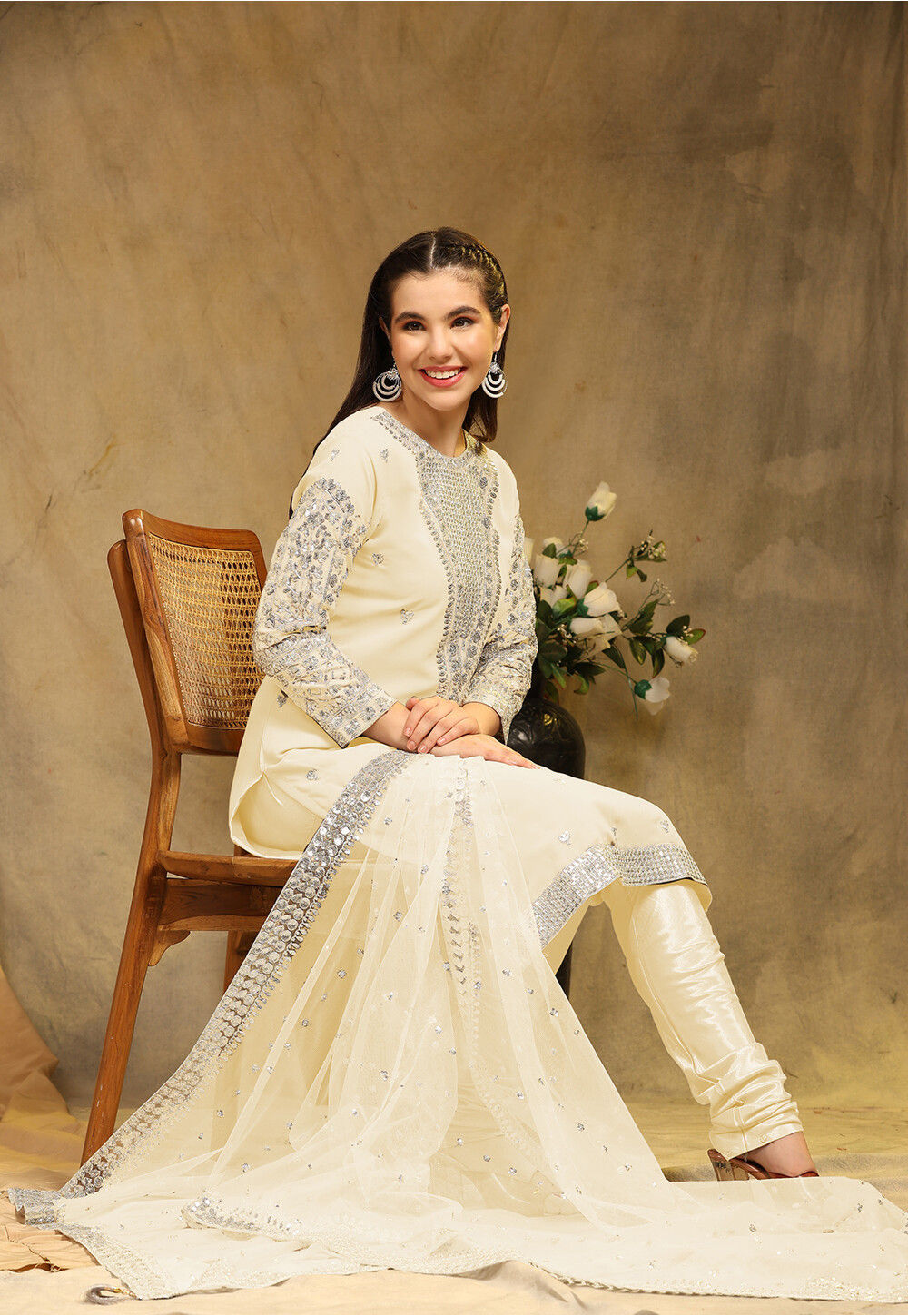 Buy Embroidered Georgette Straight Suit in Cream Online : KRY1662 ...