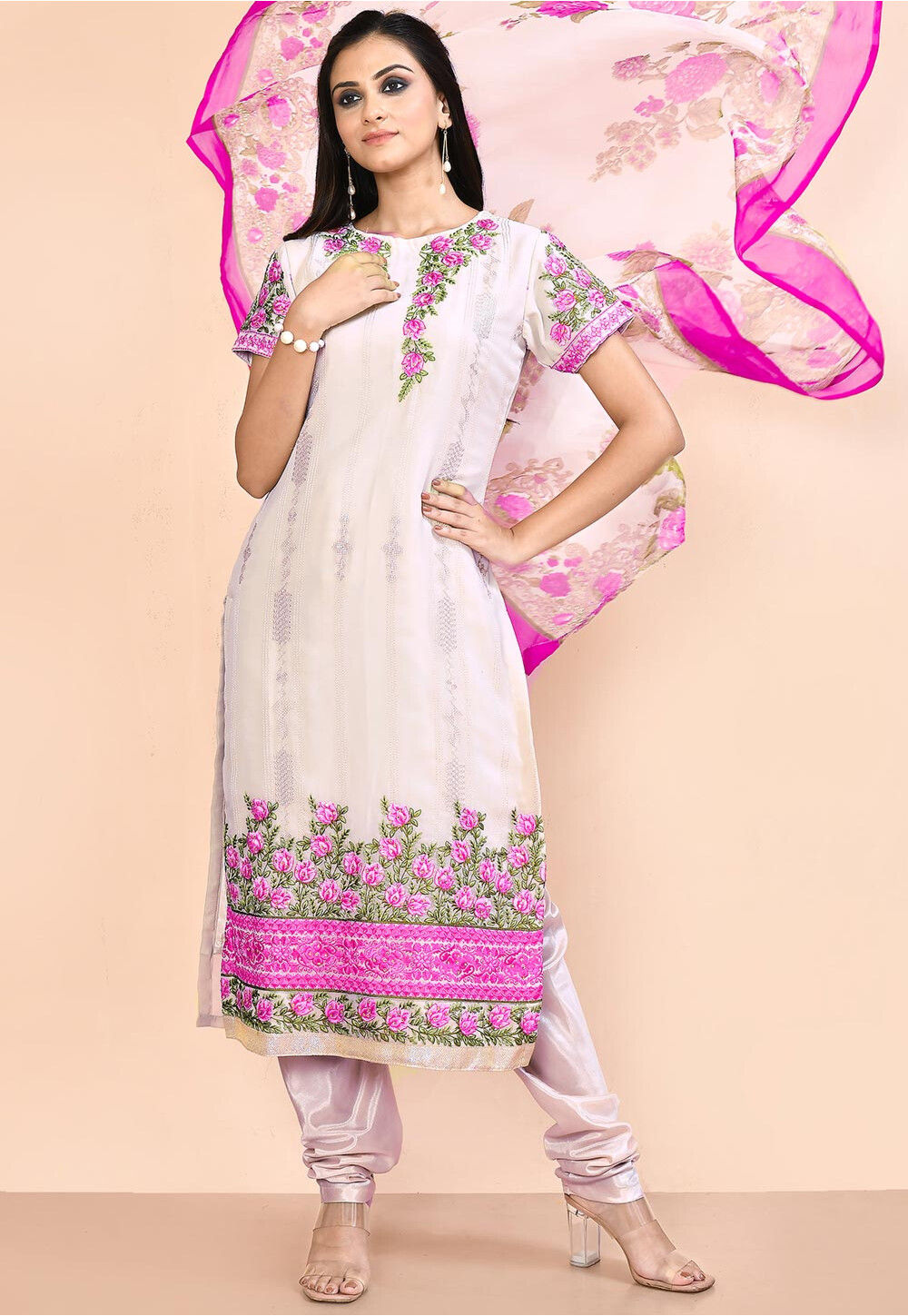 Buy Embroidered Georgette Straight Suit in Light Beige Online ...