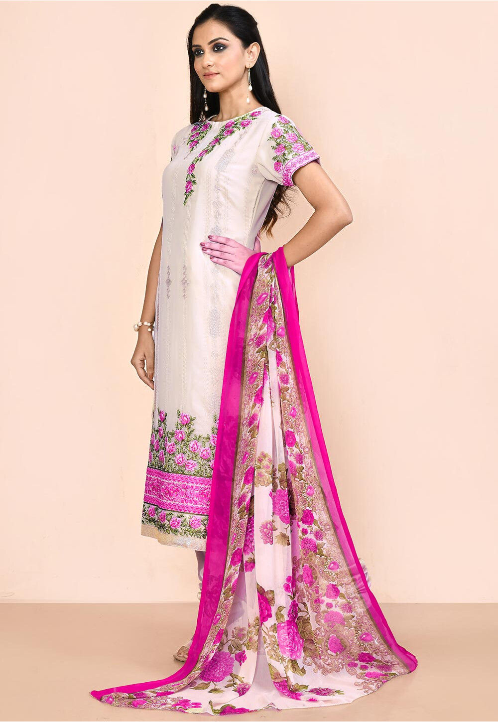 Buy Embroidered Georgette Straight Suit in Light Beige Online ...