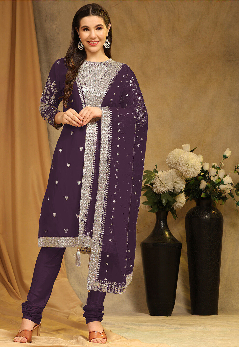 Buy Embroidered Georgette Straight Suit in Purple Online : KRY1668 ...