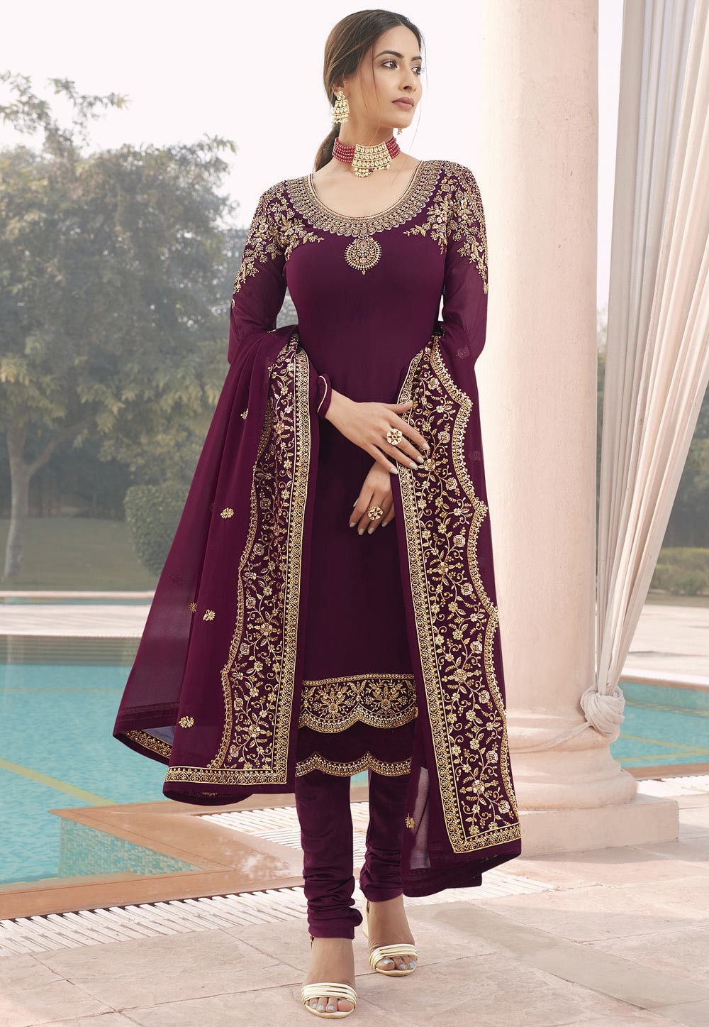 Buy Embroidered Georgette Straight Suit in Wine Online : KCH6147 ...