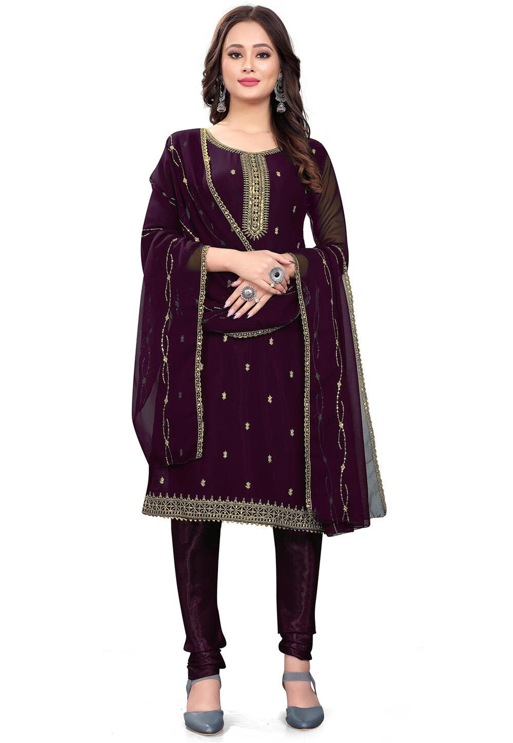 Buy Embroidered Georgette Straight Suit in Wine Online : KUF16052 ...