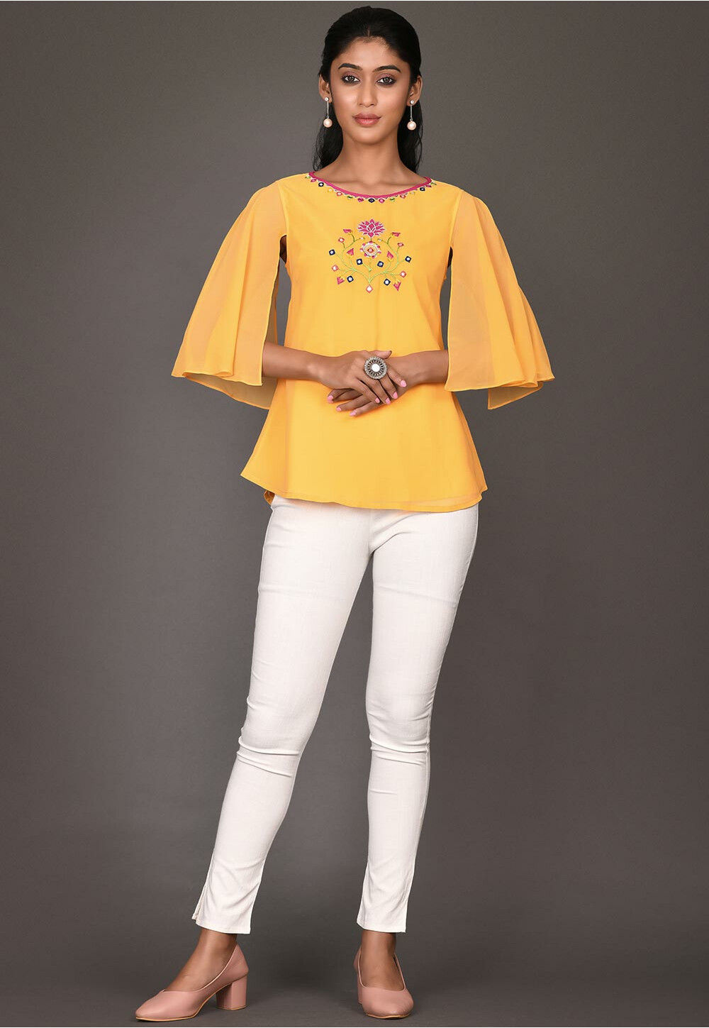 Buy Embroidered Georgette Top in Mustard Online : TUF1526 - Utsav Fashion