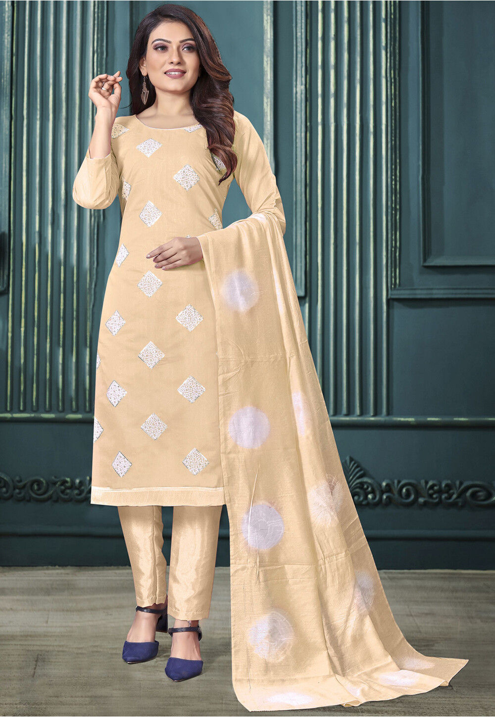 Buy Embroidered Modal Silk Pakistani Suit in Beige Online : KJC1821 ...