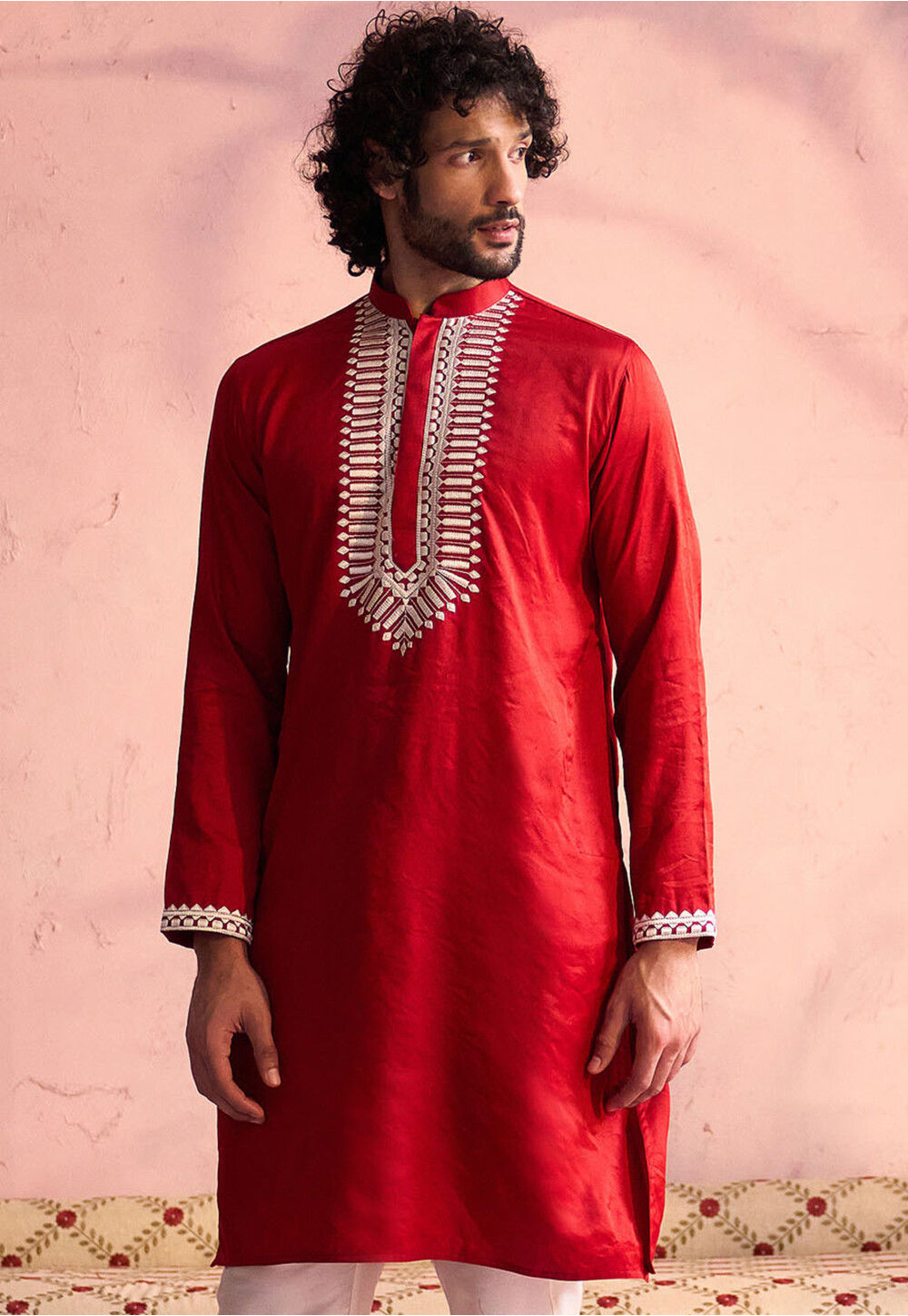 Buy Embroidered Muga Silk Kurta in Red Online : MTR5010 - Utsav Fashion