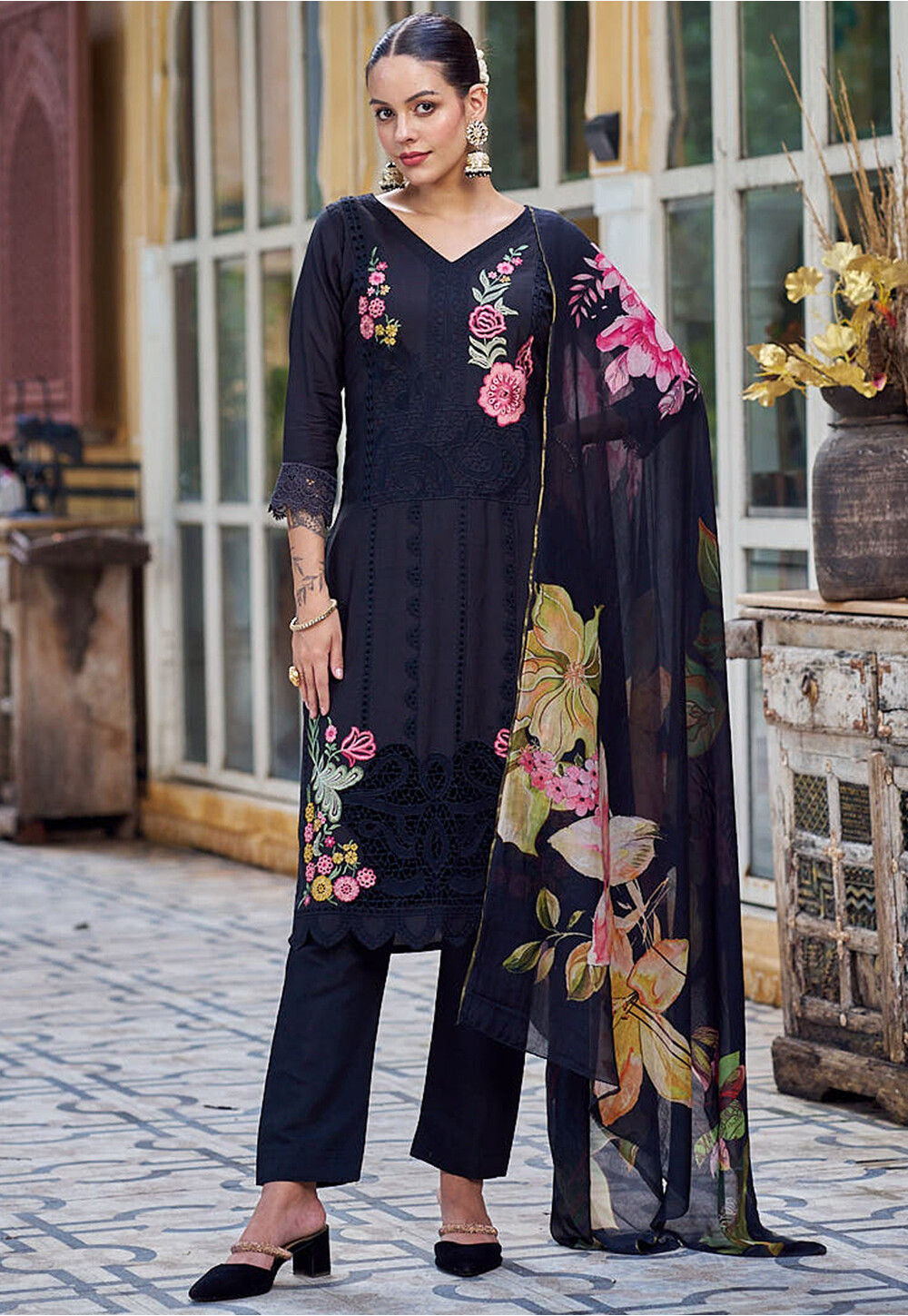 Buy Embroidered Muslin Silk Pakistani Suit in Black Online : KPV1870 ...