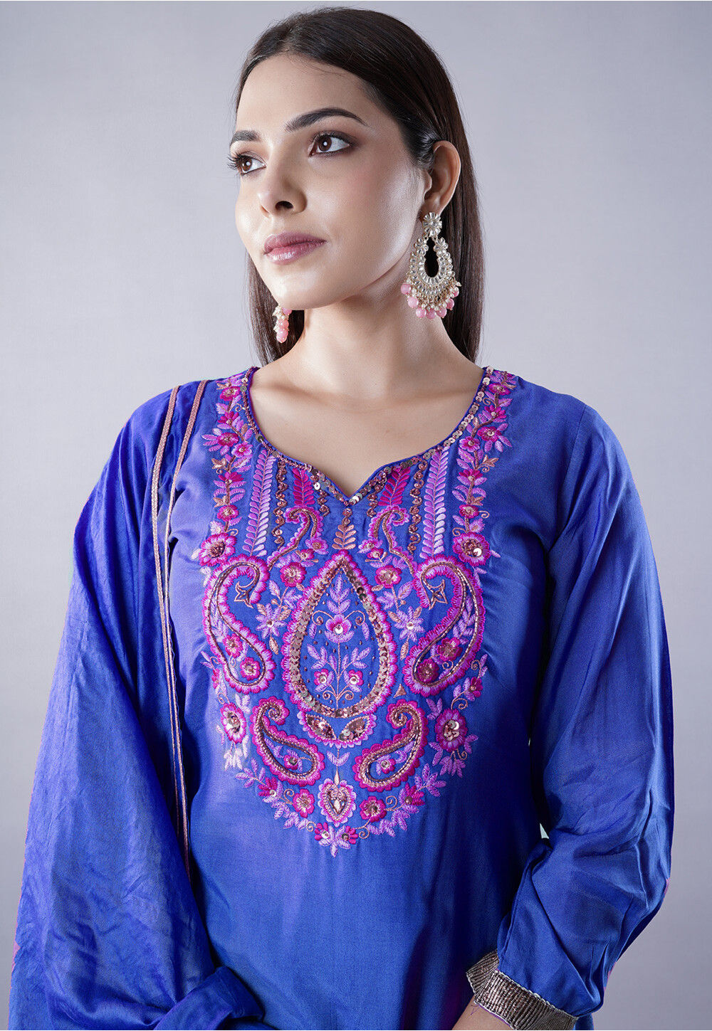 Buy Embroidered Muslin Silk Pakistani Suit in Blue Online : KUR297 ...