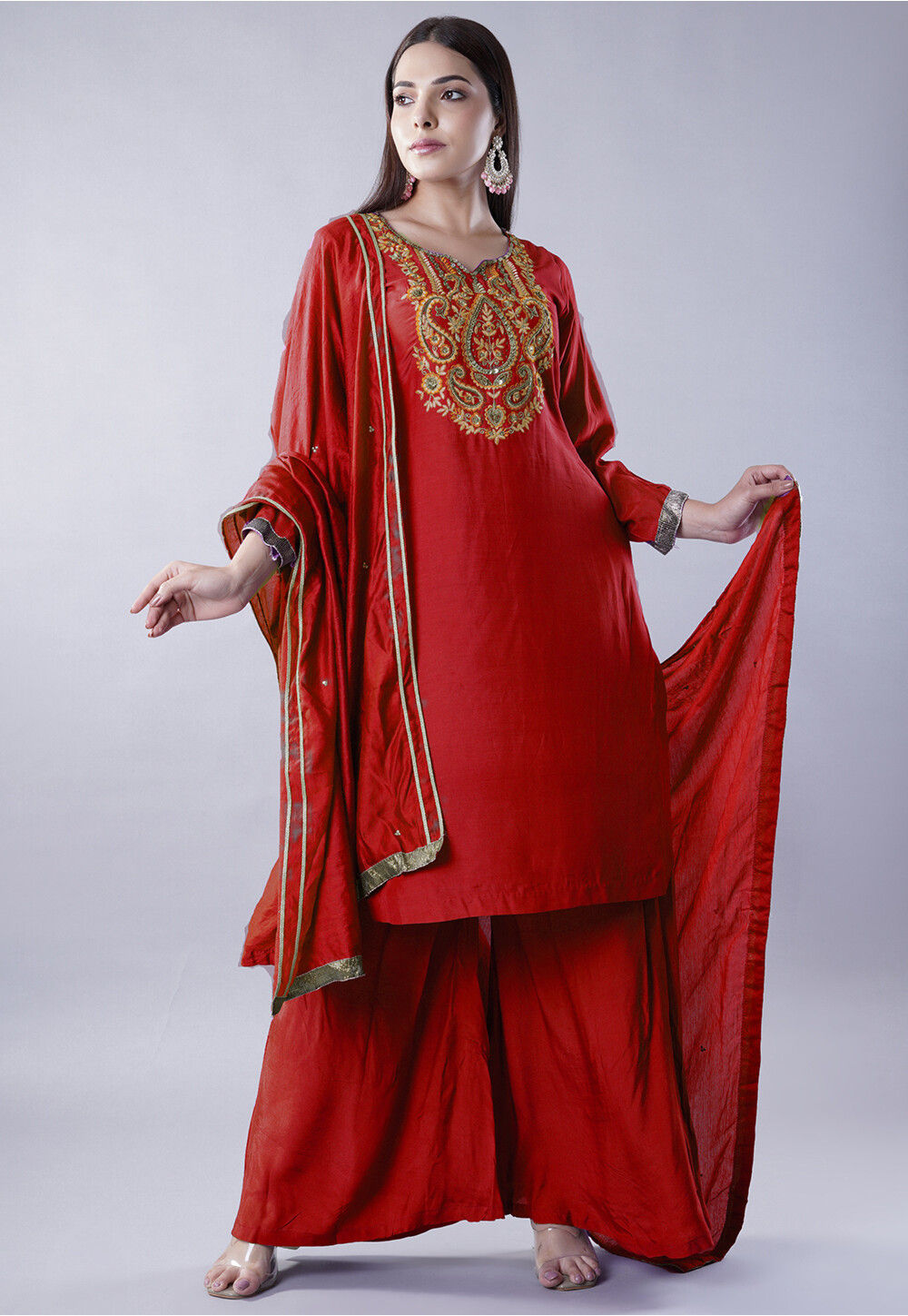 Buy Embroidered Muslin Silk Pakistani Suit in Red Online : KUR299 ...