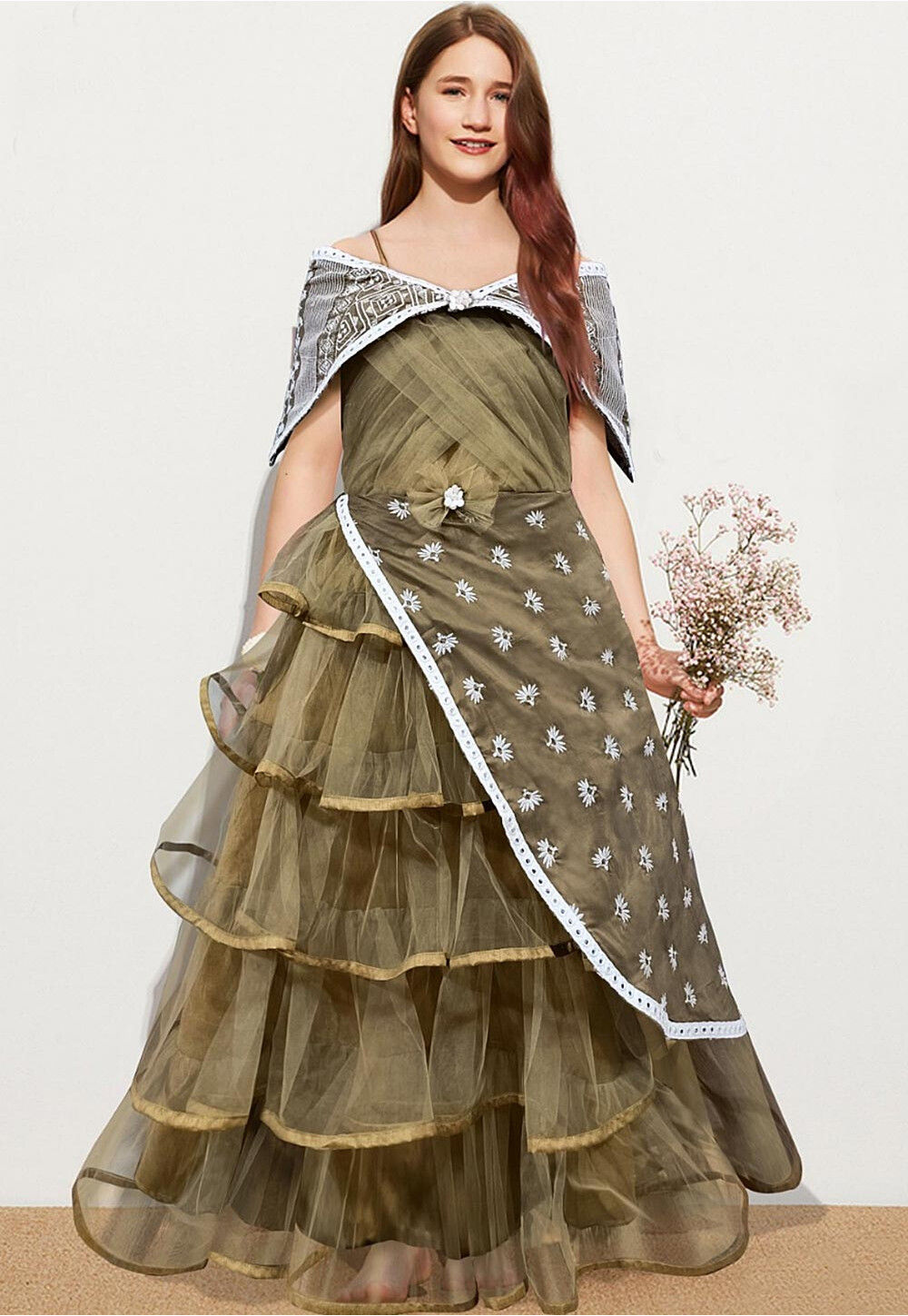 Buy Embroidered Muslin Silk Ruffled Gown in Olive Green Online : UAS202 ...