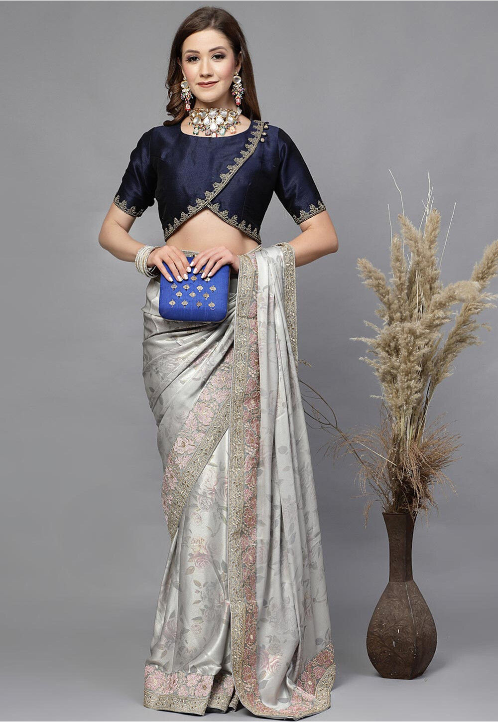 Buy Embroidered Neck Art Silk Angrakha Style Blouse in Dark Blue Online ...
