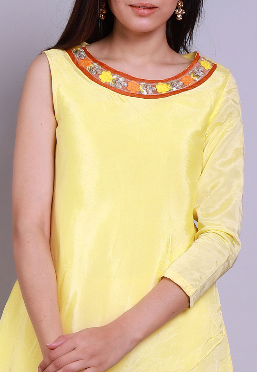 Buy Embroidered Neckline Crepe Asymmetric Tunic Set in Yellow Online ...