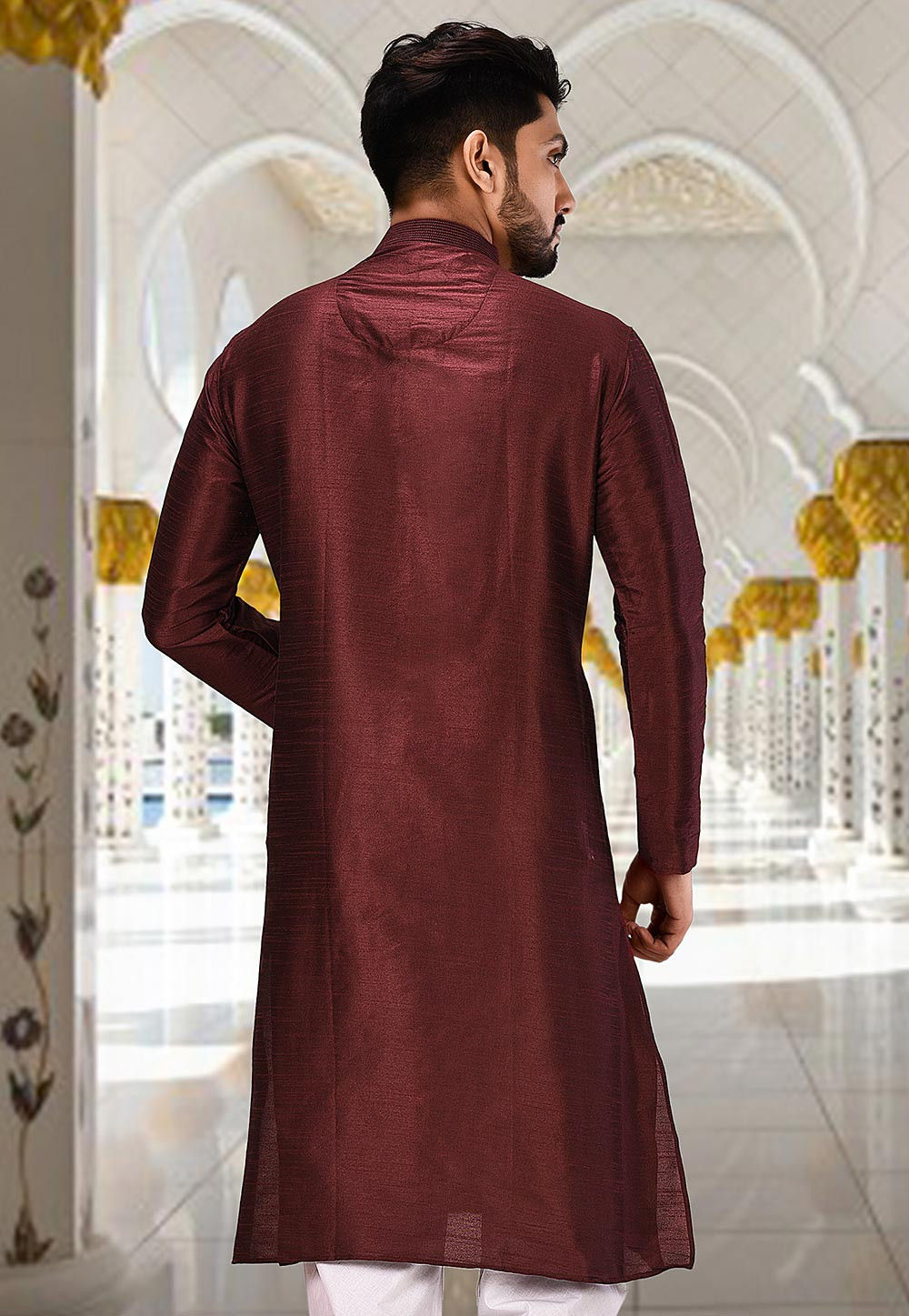 Buy Embroidered Neckline Dupion Silk Kurta in Dark Maroon Online ...