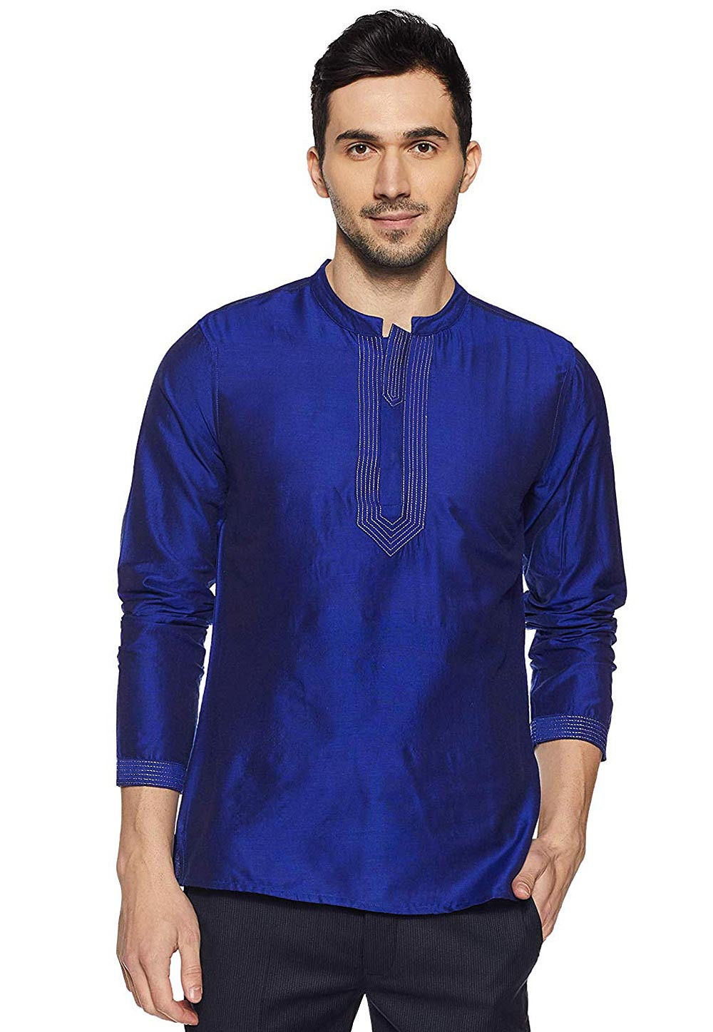 Buy Embroidered Neckline Dupion Silk Short Kurta in Royal Blue Online ...