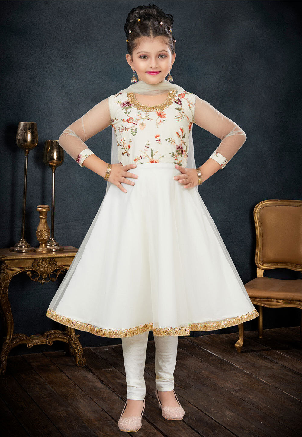 Buy Embroidered Net A Line Suit in Off White Online : UJC65 - Utsav Fashion