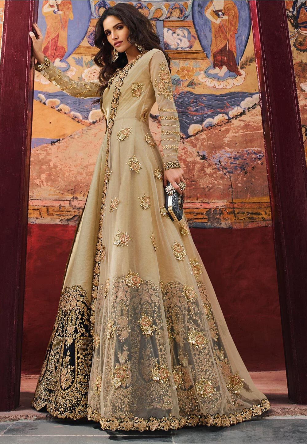 Buy Embroidered Net Abaya Style Suit in Beige Online : KCH9849 - Utsav ...