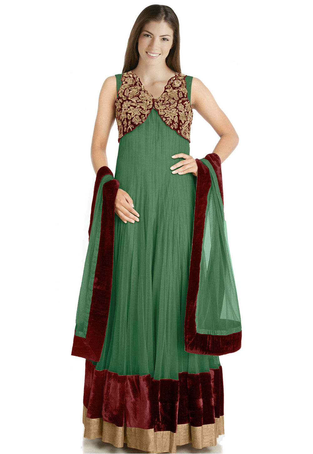 Buy Embroidered Net Abaya Style Suit in Dusty Green Online : KVE589 ...
