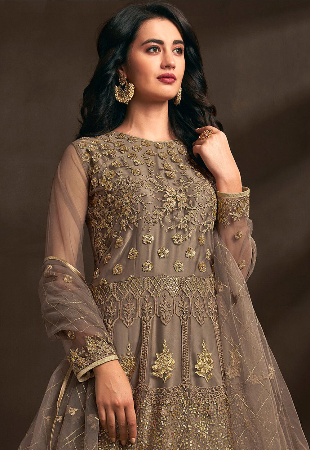 Buy Embroidered Net Abaya Style Suit in Fawn Online : KUF16428 - Utsav ...