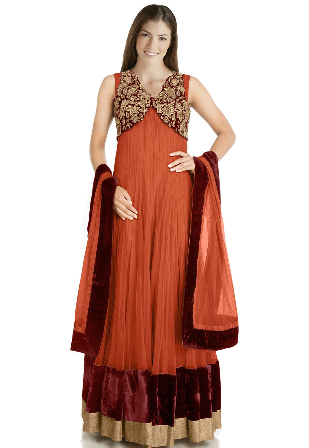 Buy Embroidered Net Abaya Style Suit in Orange Online : KVE585 - Utsav ...