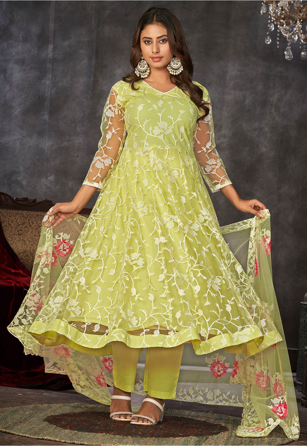 Buy Embroidered Net Anarkali Suit in Light Green Online : KGJ139 ...