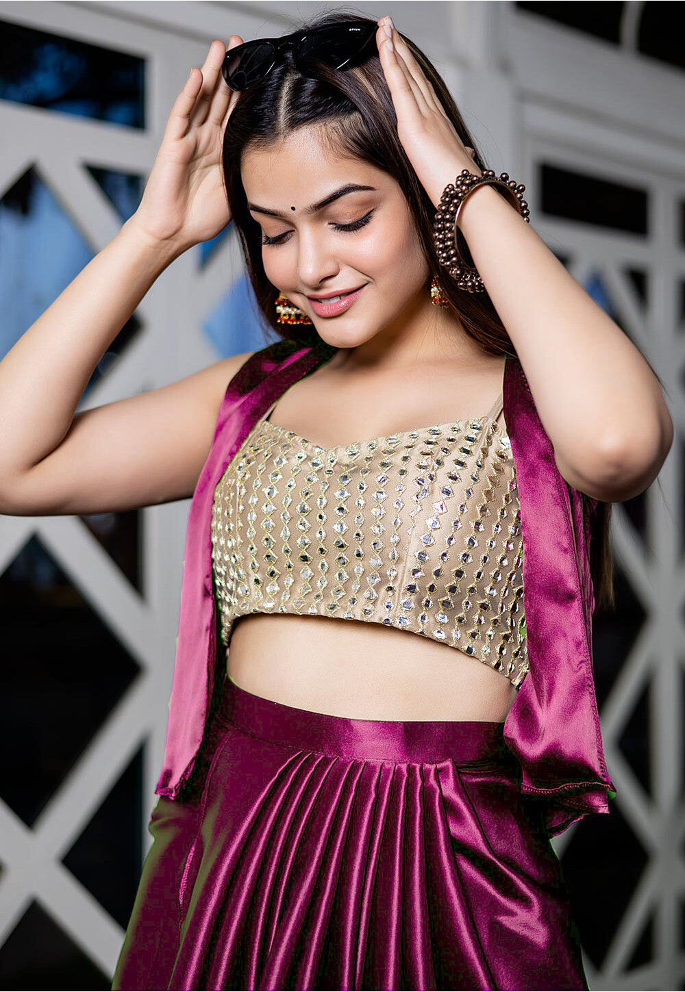 Buy Embroidered Net Crop Top N Drape Skirt in Magenta and Beige Online ...