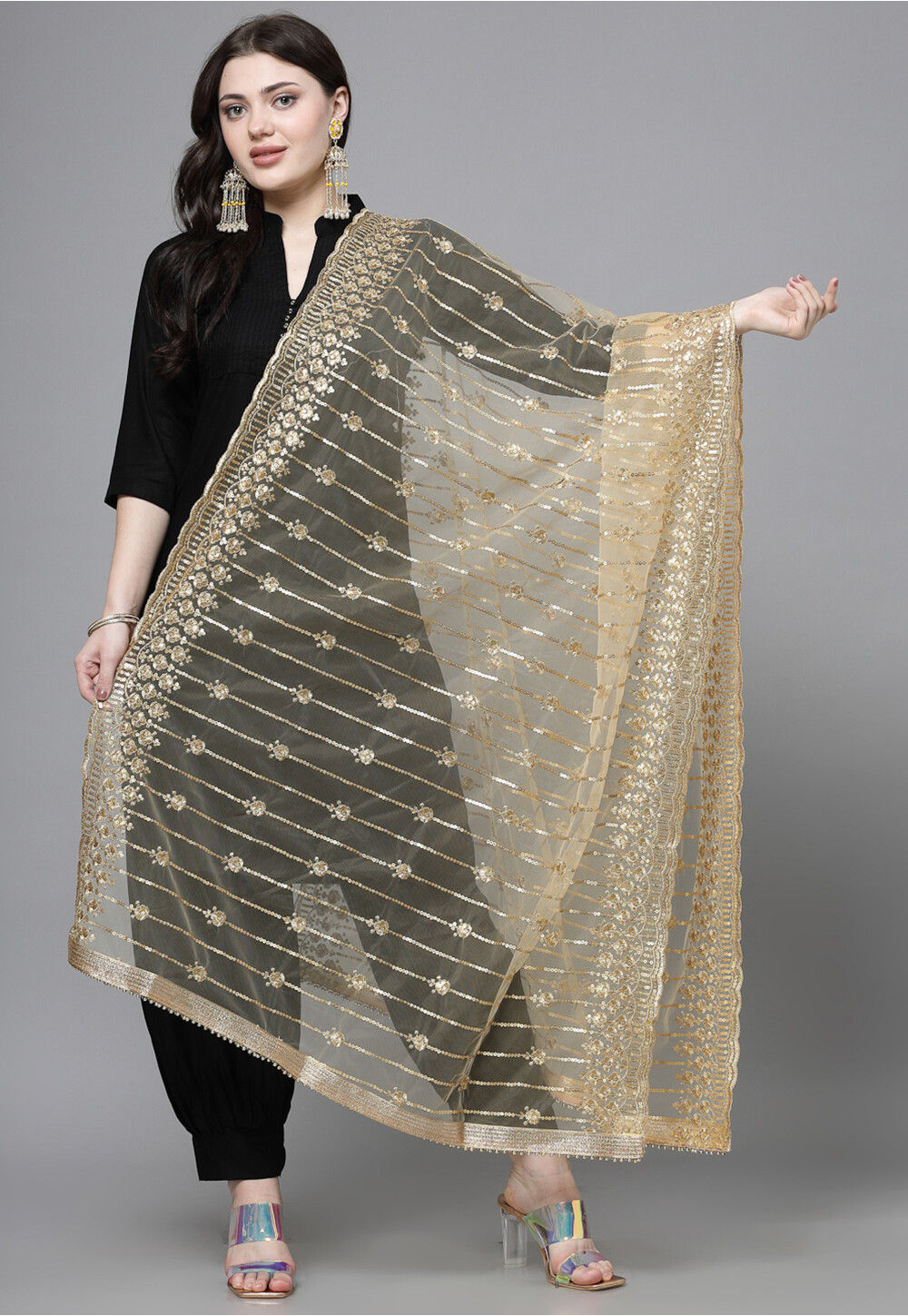 Buy Embroidered Net Dupatta in Golden Online : BGJ1425 - Utsav Fashion