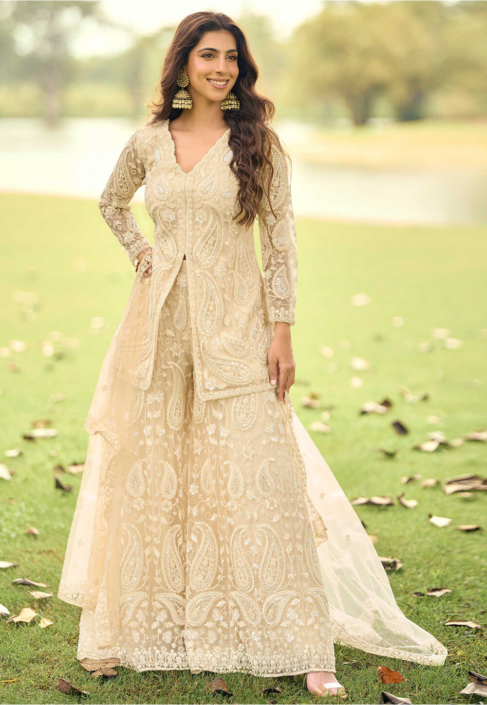 Buy Embroidered Net Front Slit Pakistani Suit in Beige Online ...