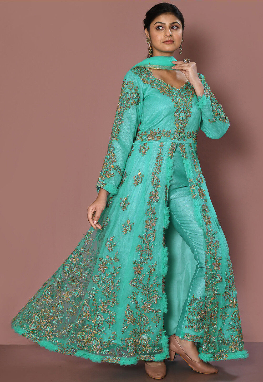 Buy Embroidered Net Front Slit Pakistani Suit in Turquoise Online ...