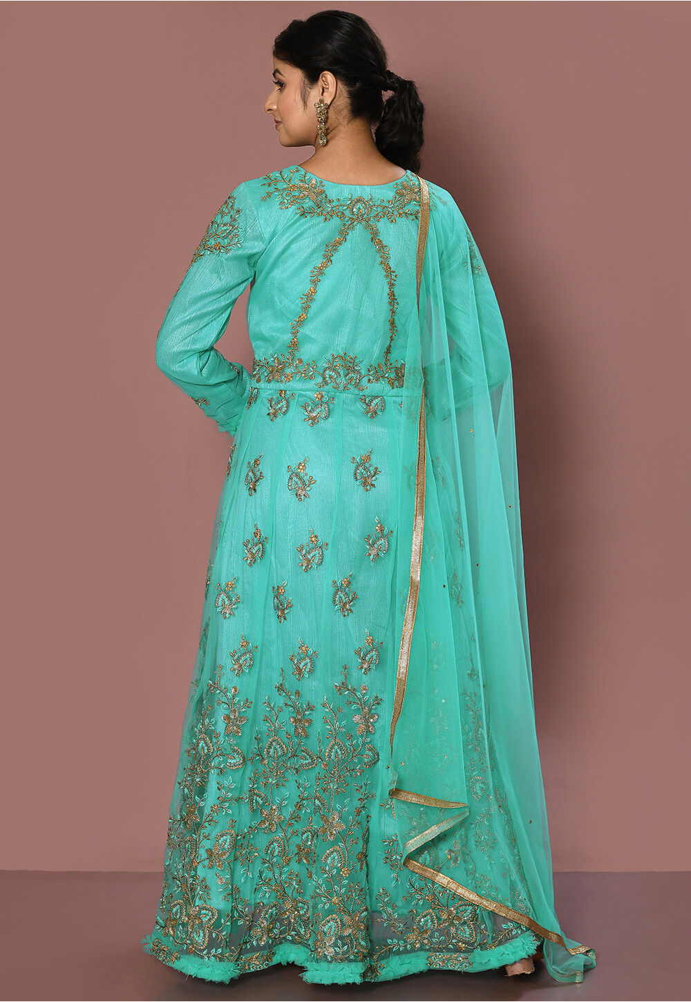 Buy Embroidered Net Front Slit Pakistani Suit in Turquoise Online ...