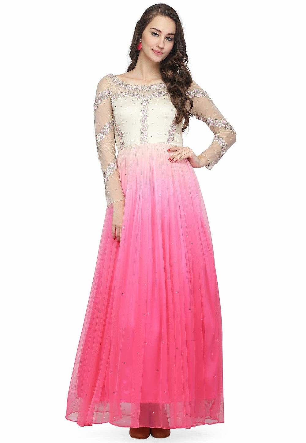 Buy Embroidered Net Gown in Off White and Pink Online : TLB22 - Utsav ...