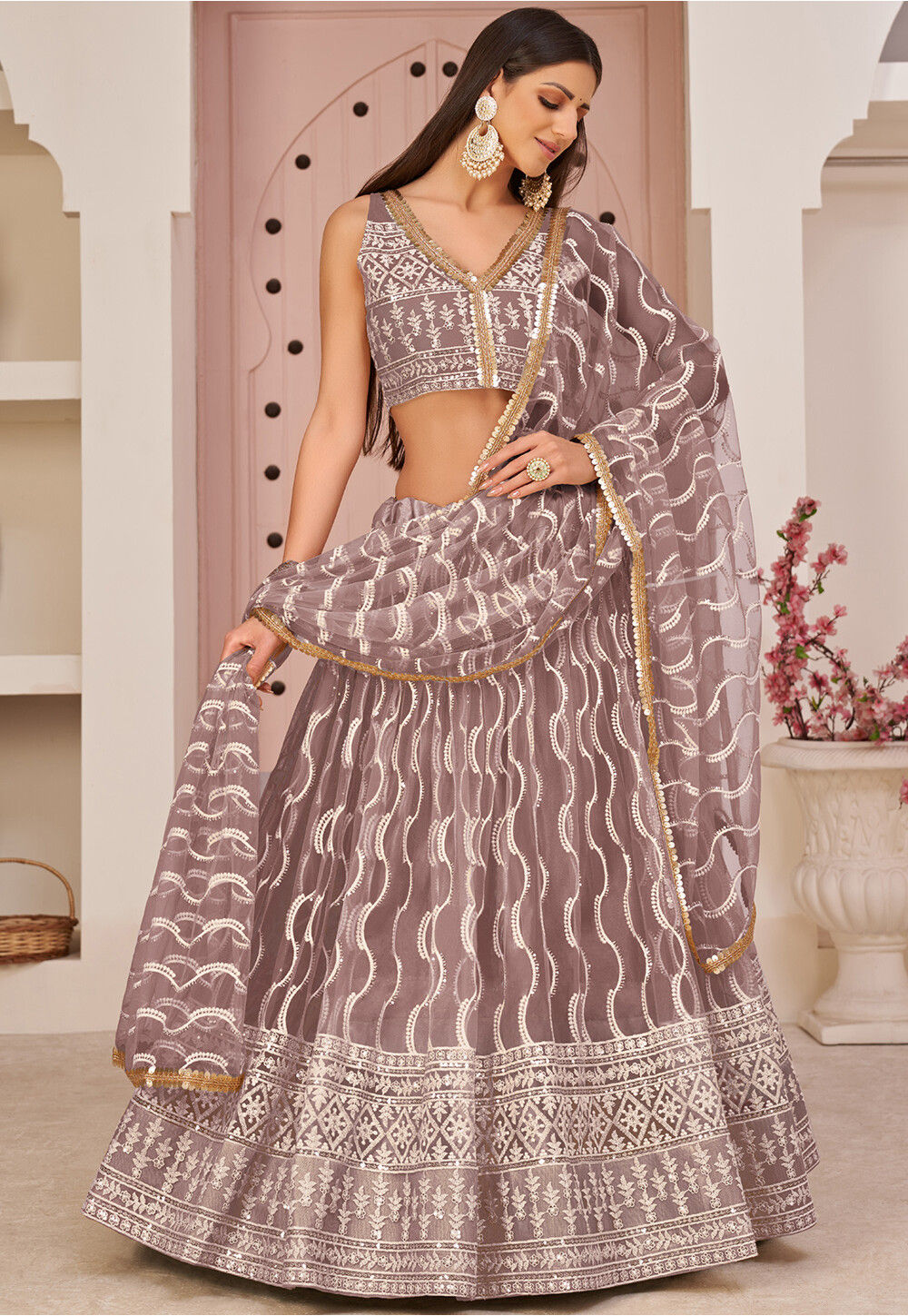 Buy Embroidered Net Lehenga in Brown Online : LHT90 - Utsav Fashion