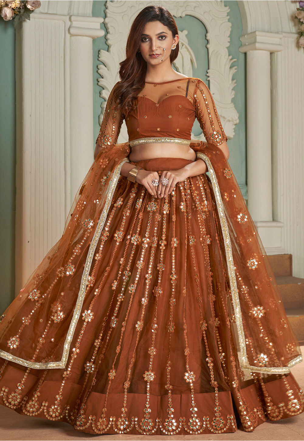 Buy Embroidered Net Lehenga in Rust Online : LHT98 - Utsav Fashion