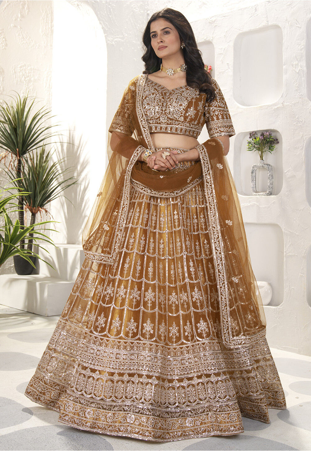 Buy Embroidered Net Lehenga in Brown Online : LSG524 - Utsav Fashion