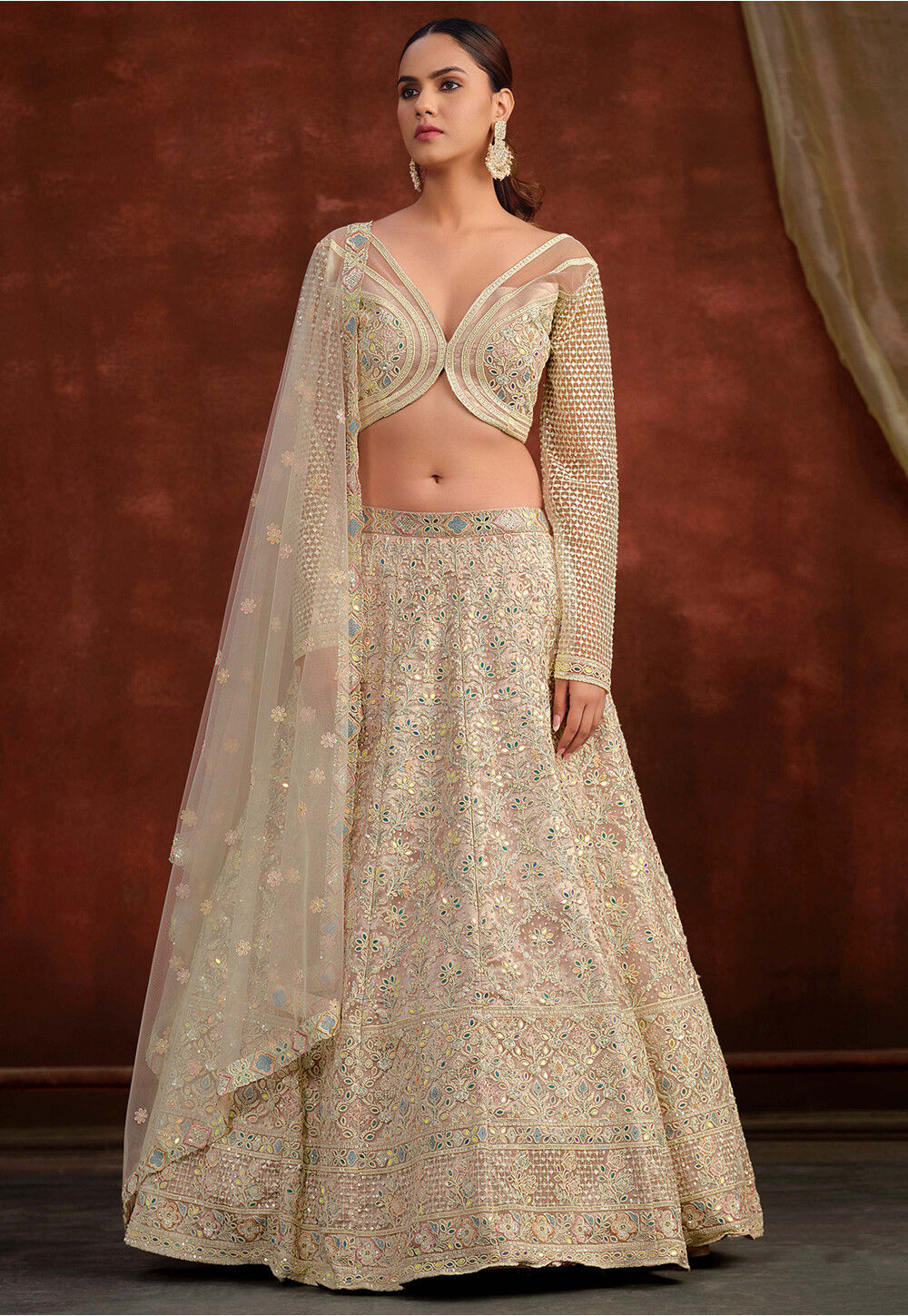 Buy Embroidered Net Lehenga in Cream Online : LPK169 - Utsav Fashion