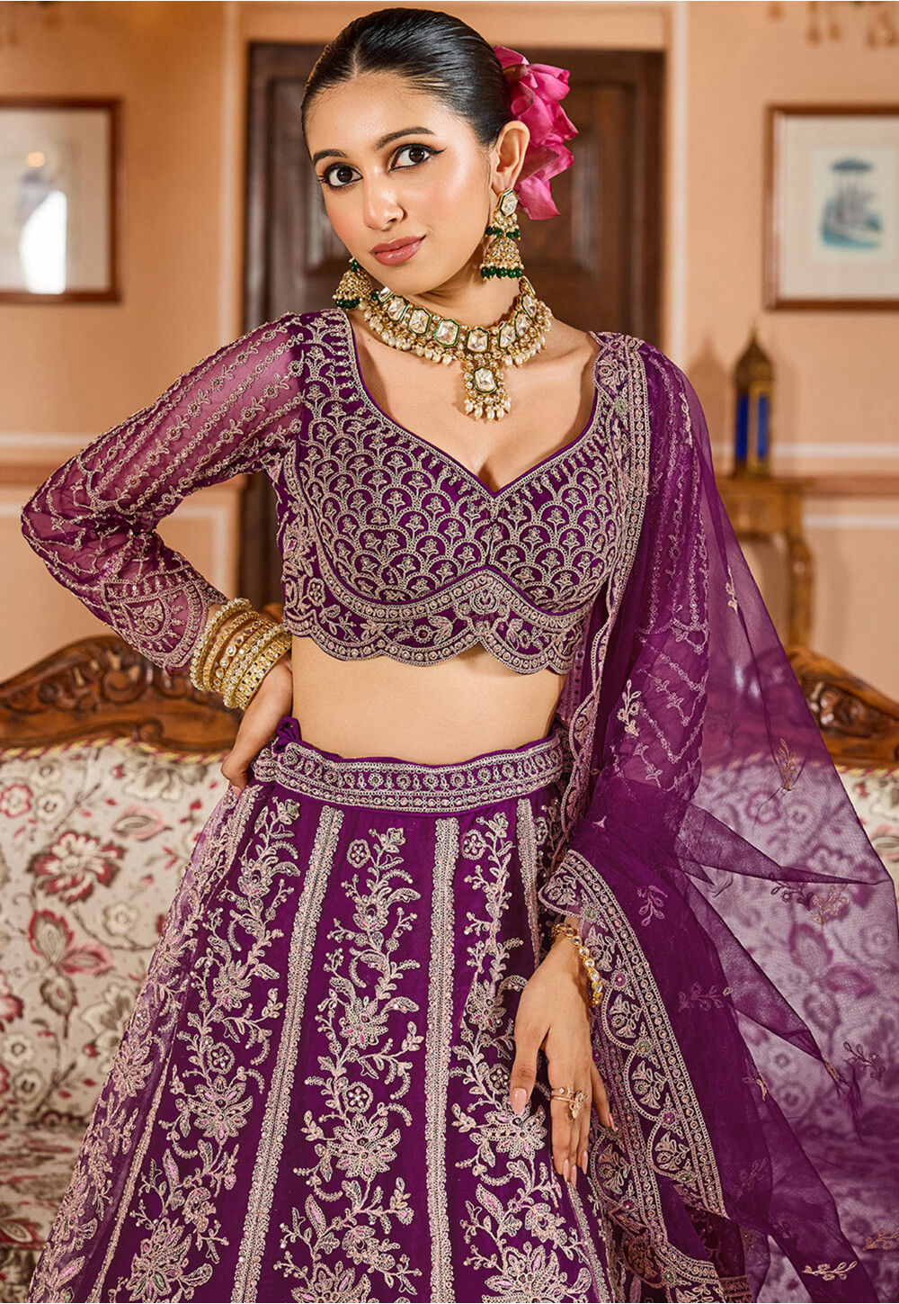 Buy Embroidered Net Lehenga in Dark Purple Online : LQY2935 - Utsav Fashion