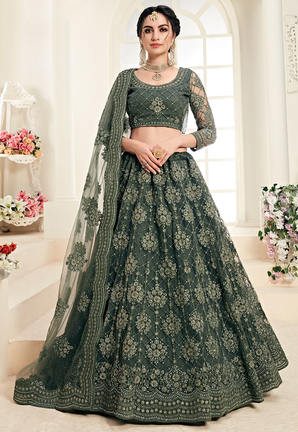 Buy Embroidered Net Lehenga in Dusty Green Online : LCC721 - Utsav Fashion