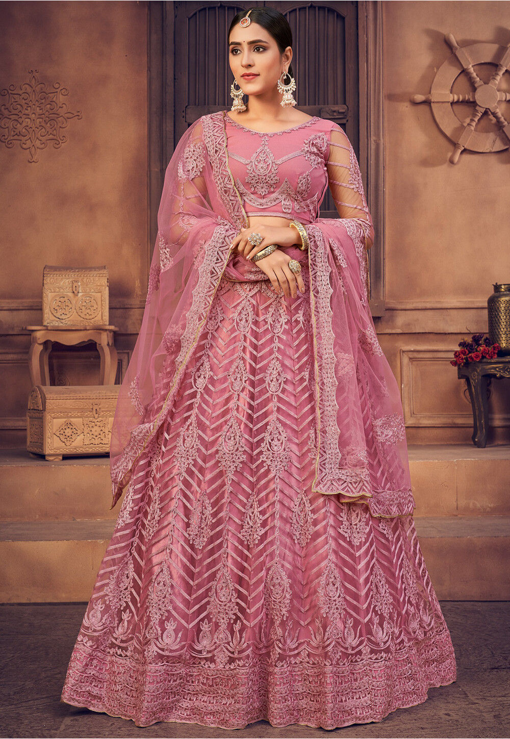 Buy Embroidered Net Lehenga in Dusty Pink Online : LJA53 - Utsav Fashion