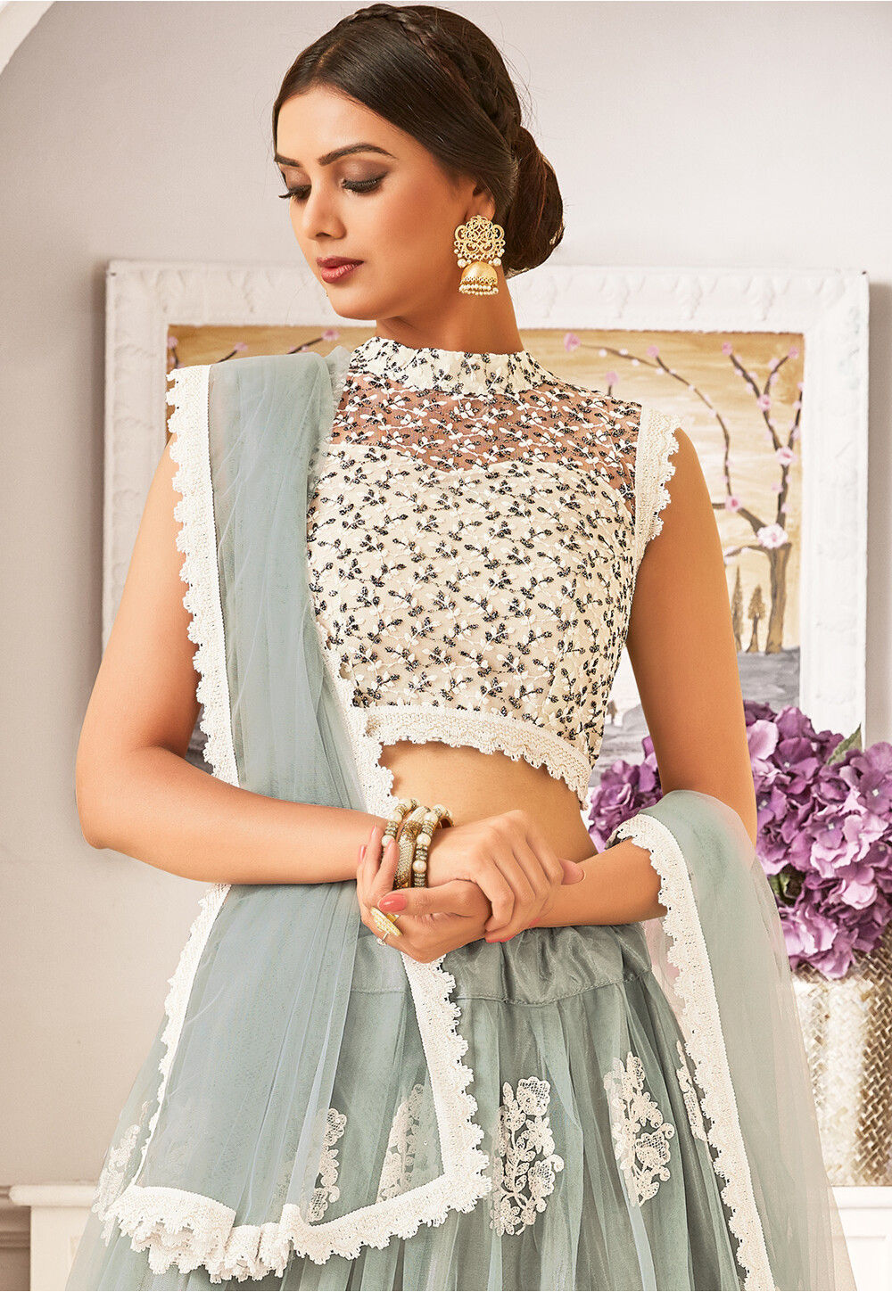 Embroidered Net Lehenga in Grey : LHT78