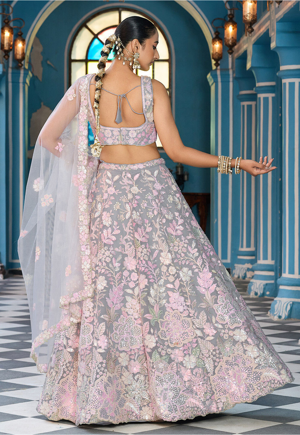 Buy Embroidered Net Lehenga in Light Grey Online : LCZ697 - Utsav Fashion