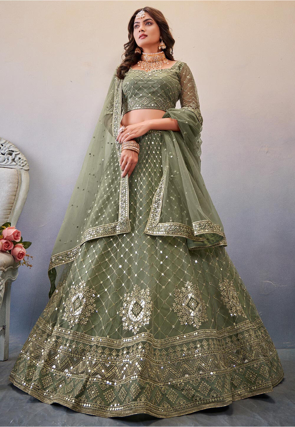 Buy Embroidered Net Lehenga in Light Olive Green Online : LCC2270 ...