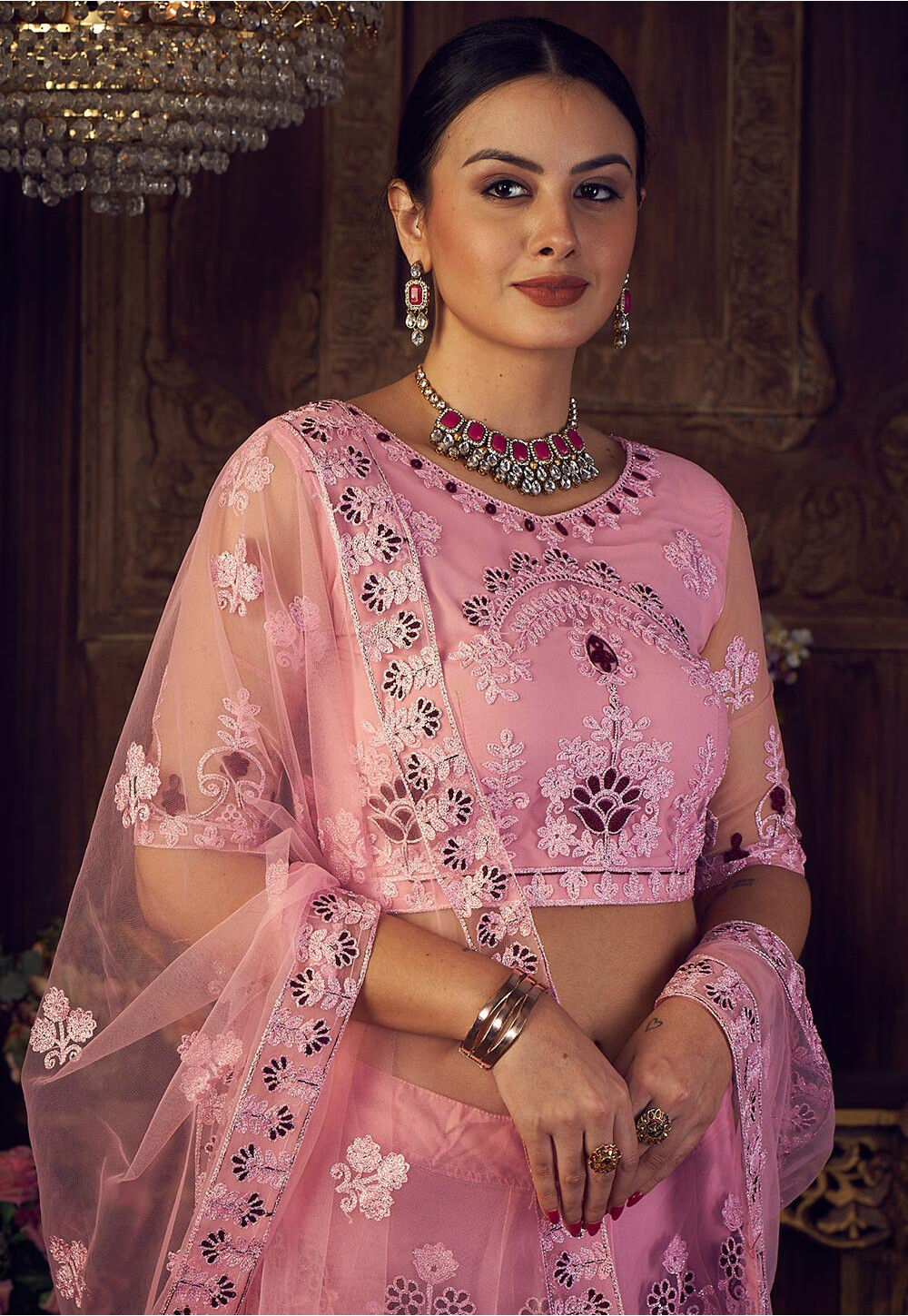 Buy Embroidered Net Lehenga in Light Pink Online : LJA256 - Utsav Fashion