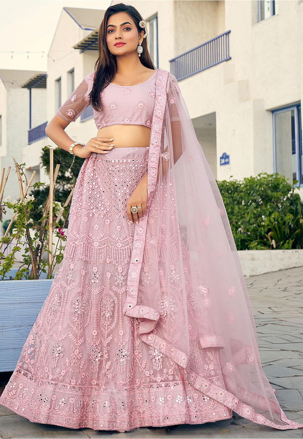 Buy Embroidered Net Lehenga in Light Pink Online : LQY1579 - Utsav Fashion