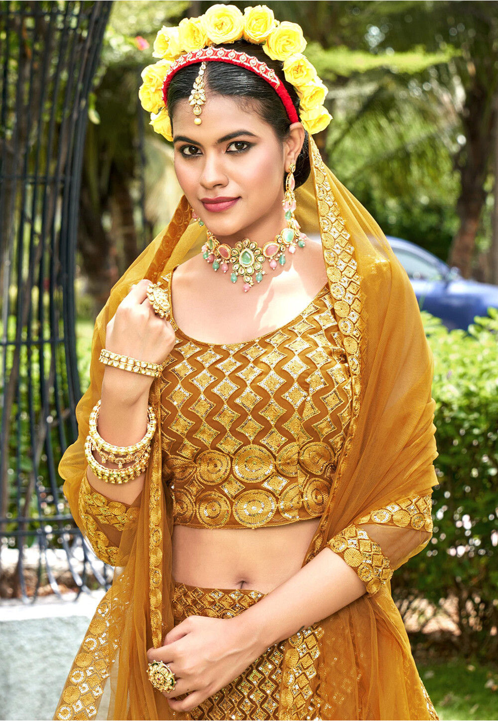 Buy Embroidered Net Lehenga in Mustard Online : LQU1373 - Utsav Fashion