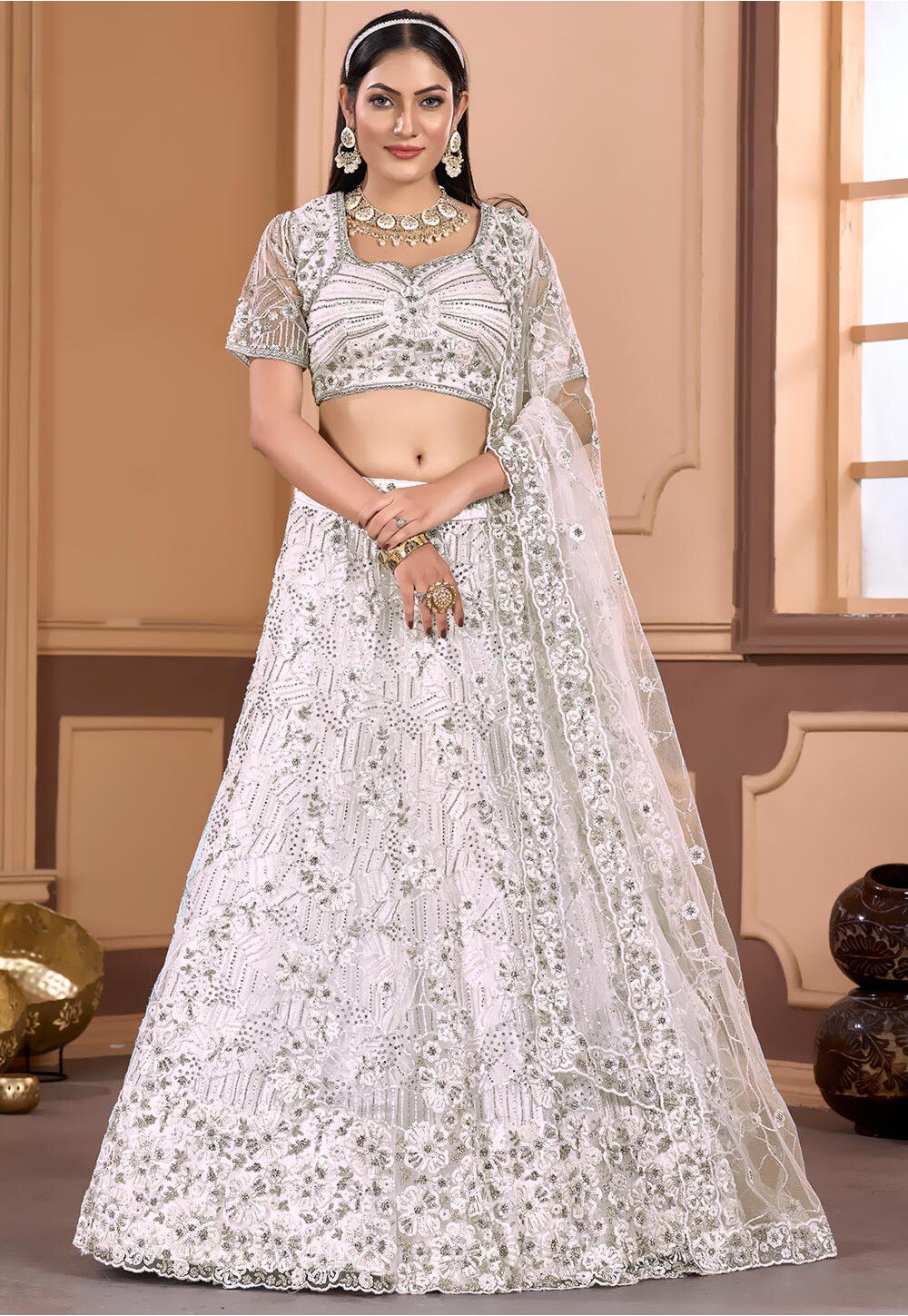 Buy Embroidered Net Lehenga in Off White Online : LXT114 - Utsav Fashion