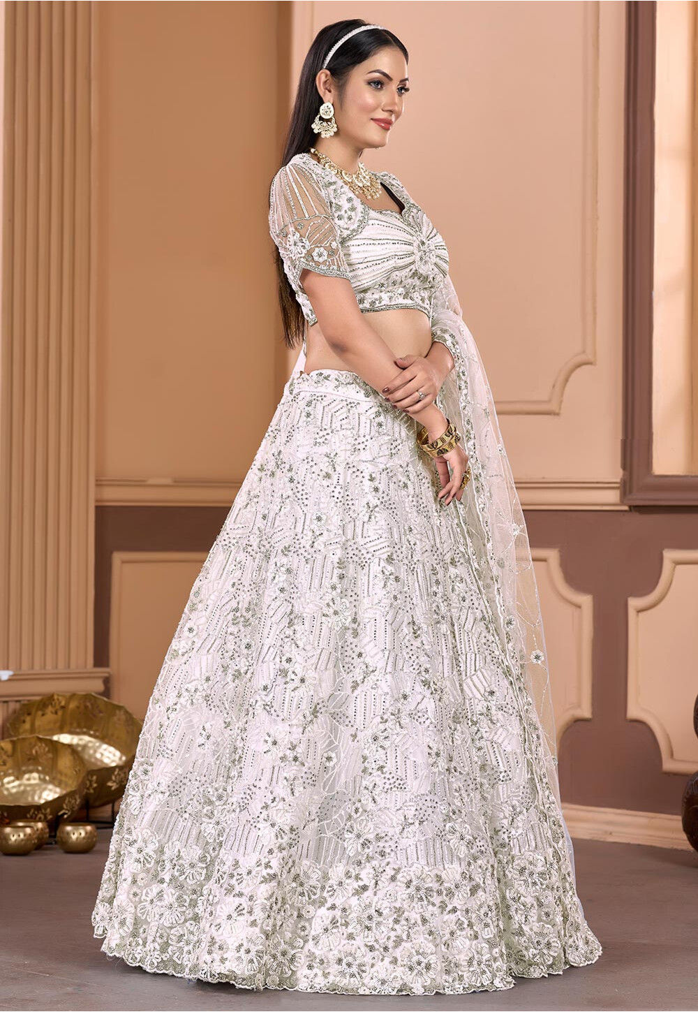 Buy Embroidered Net Lehenga in Off White Online : LXT114 - Utsav Fashion