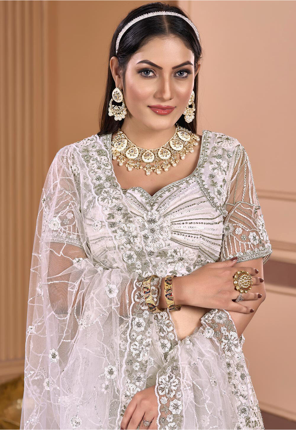 Buy Embroidered Net Lehenga in Off White Online : LXT114 - Utsav Fashion